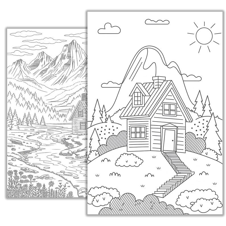 Mountain Coloring Page - Scenic Nature Landscape Printable Coloring ...