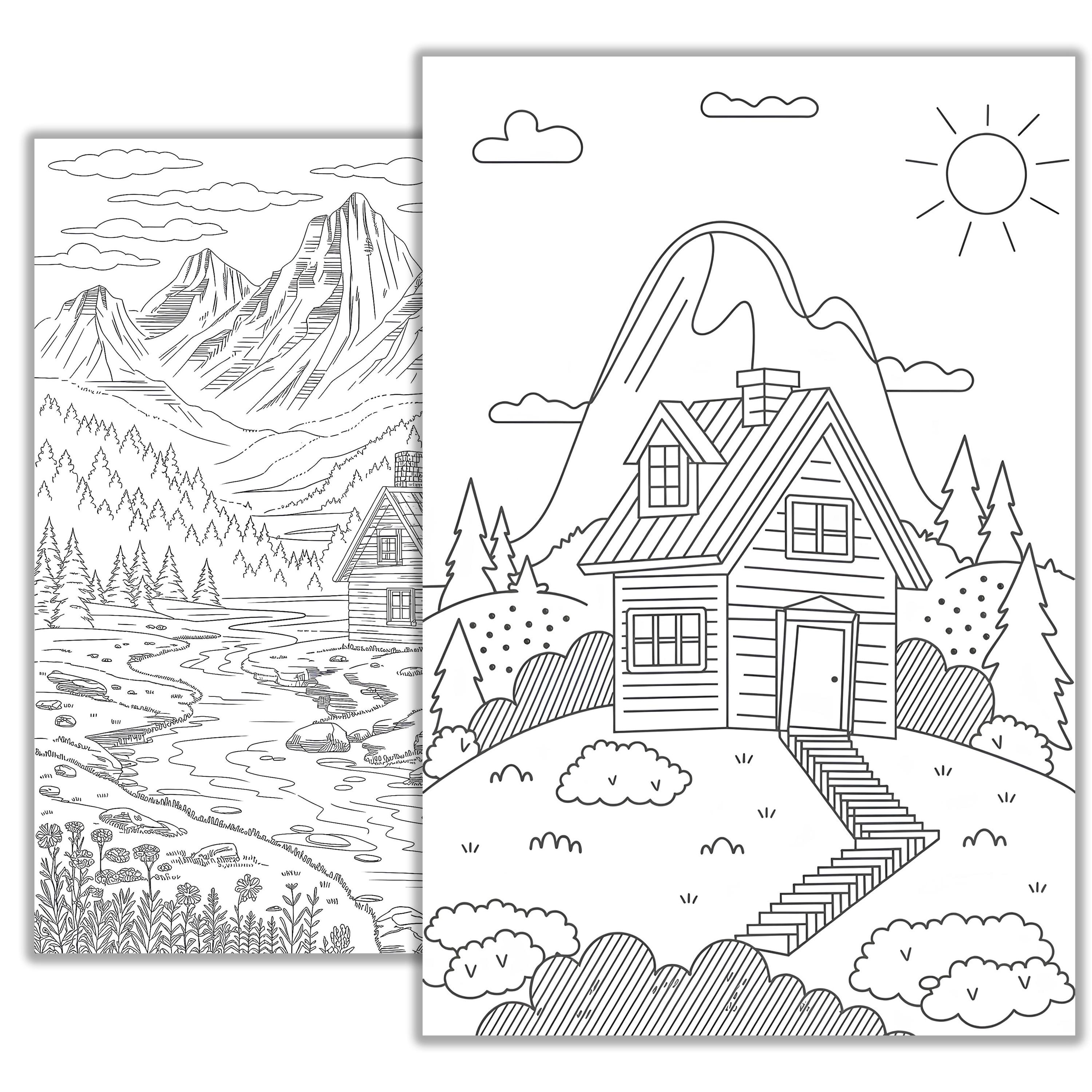 Mountain Coloring Page - Scenic Nature Landscape Printable Coloring ...