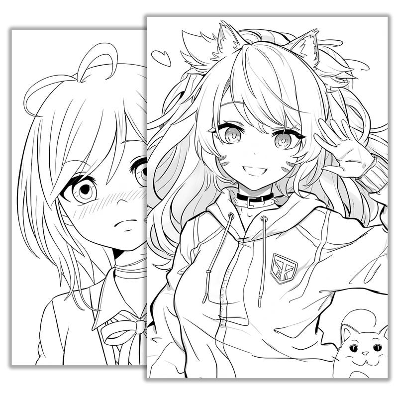 Anime Girls Coloring Page – Cute Kawaii Manga Characters, Printable ...