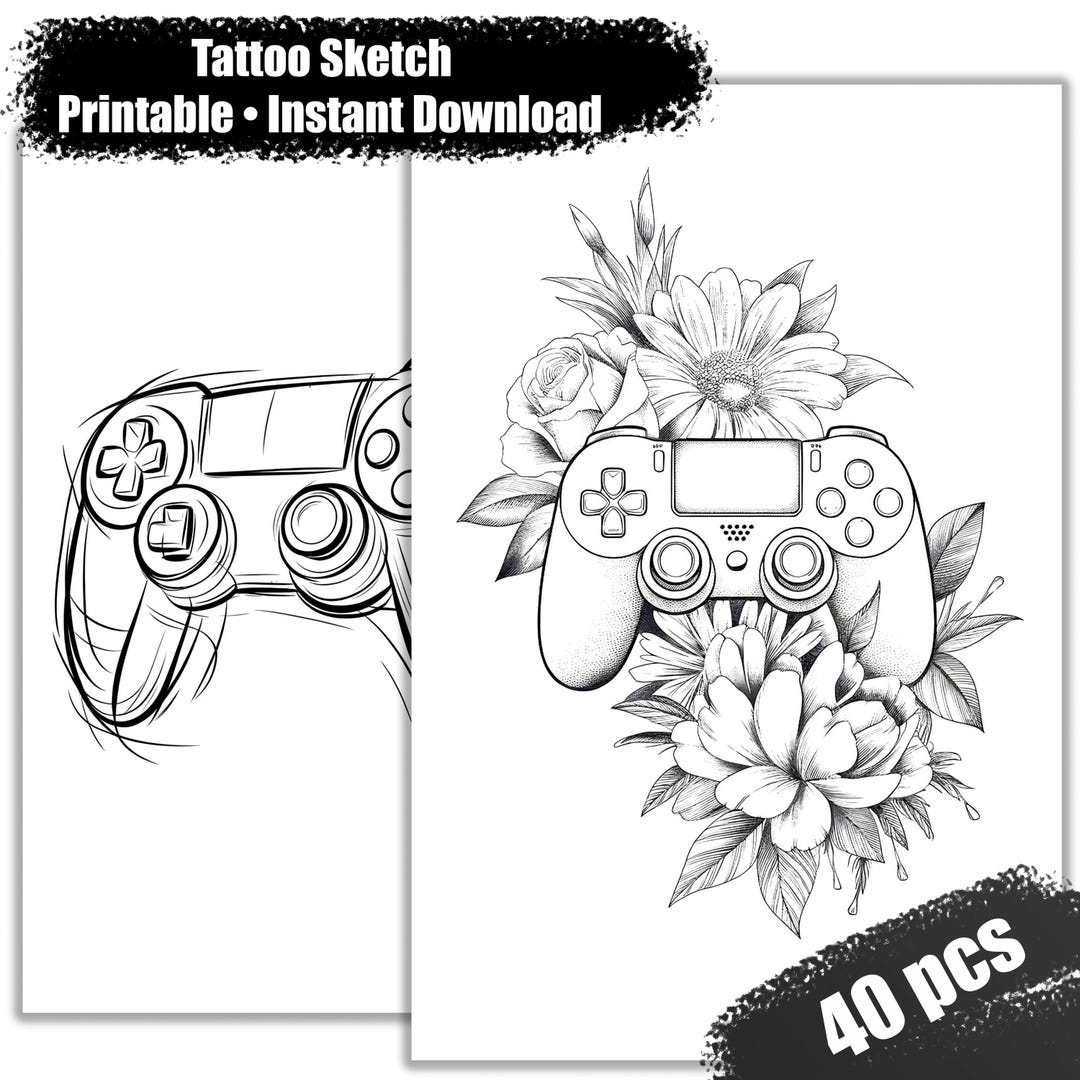 Gamepad Tattoo Sketch | Gamer Controller Line Art Design | Geek Tattoo ...