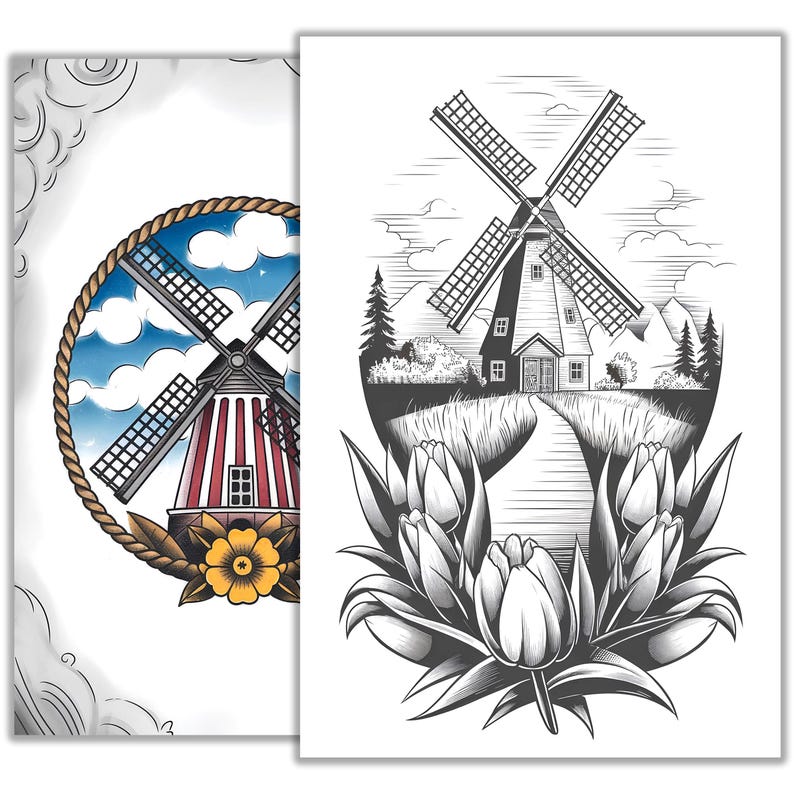 Windmill Tattoo Sketch - Dutch Countryside Line - Minimalist Windmill ...