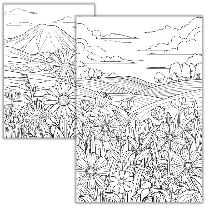 Flowers in the Field Coloring Page. Printable Floral Scene for Kids and ...