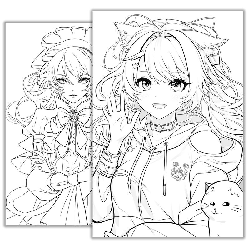 Anime Girls Coloring Page – Cute Kawaii Manga Characters, Printable ...