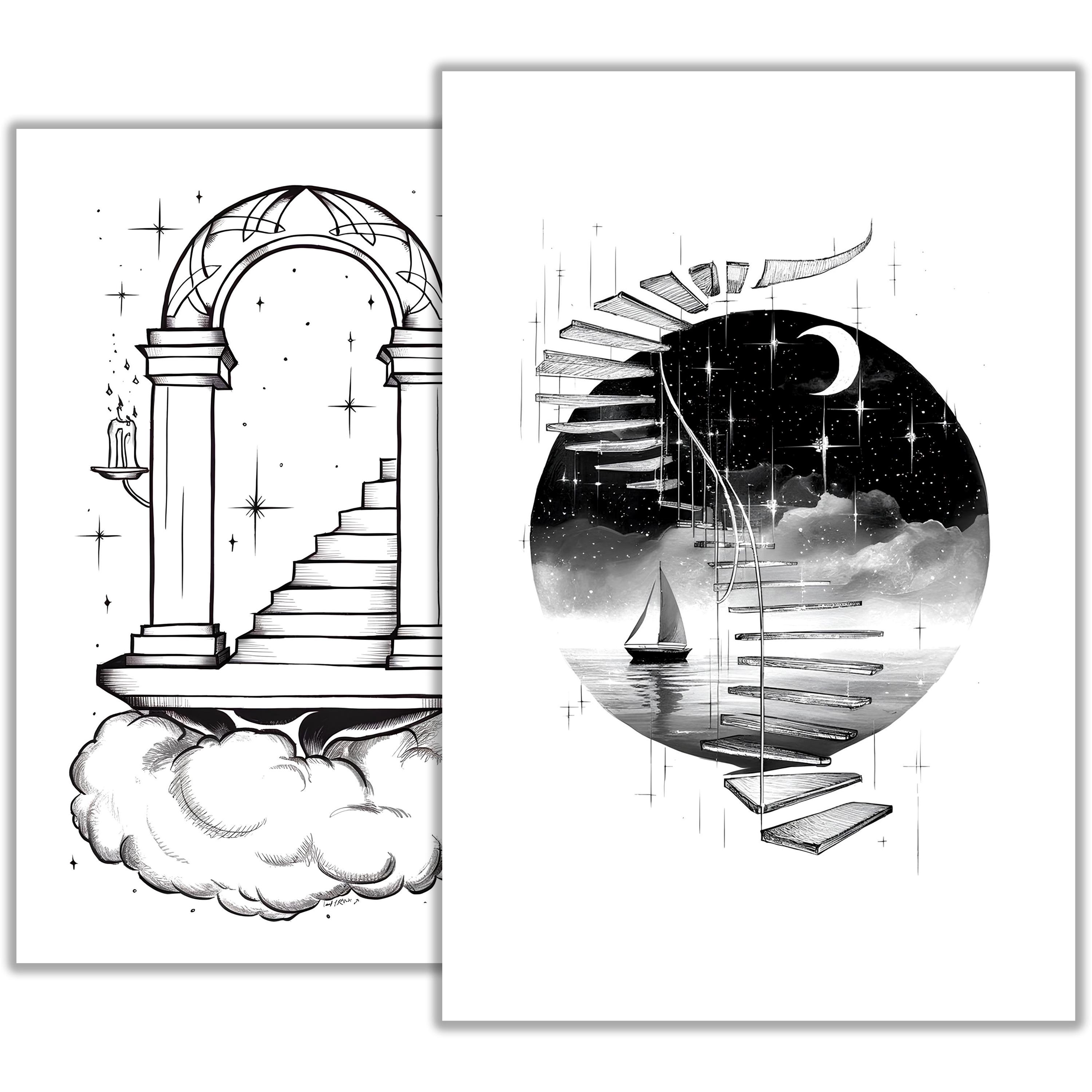 Stairway Tattoo Sketch – Surreal Staircase Tattoo Design | Blackwork ...
