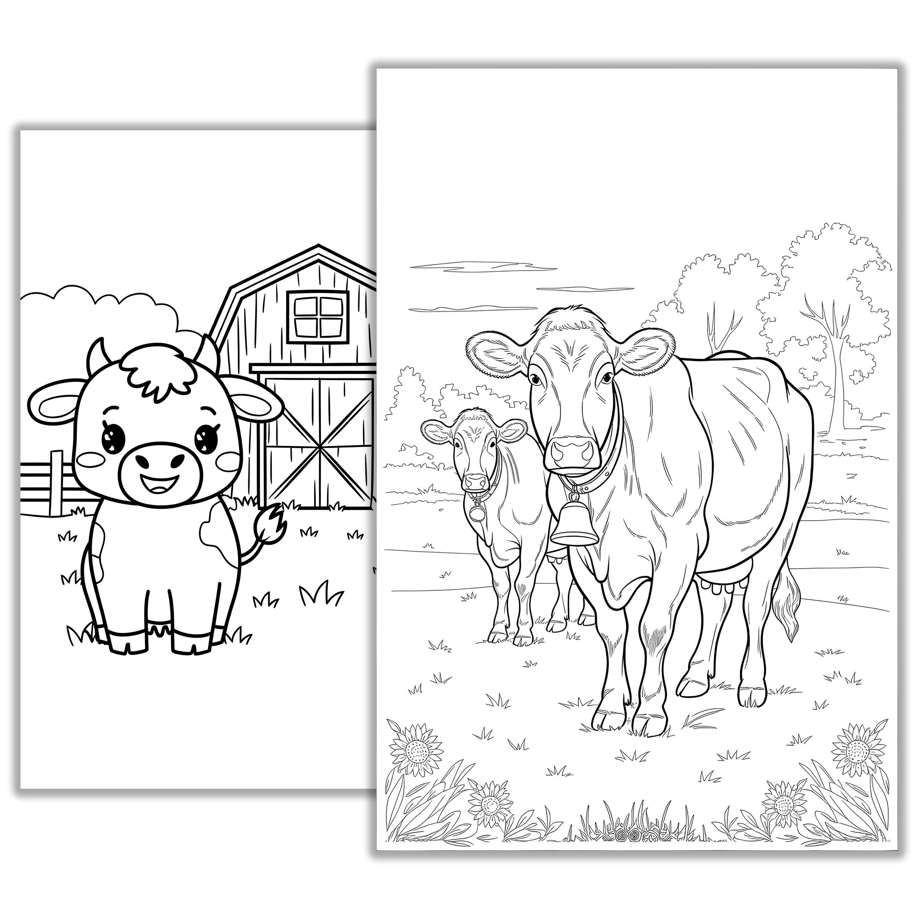 Cow Coloring Page - Farm Animal Printable Design - Cute Cow Line Art ...