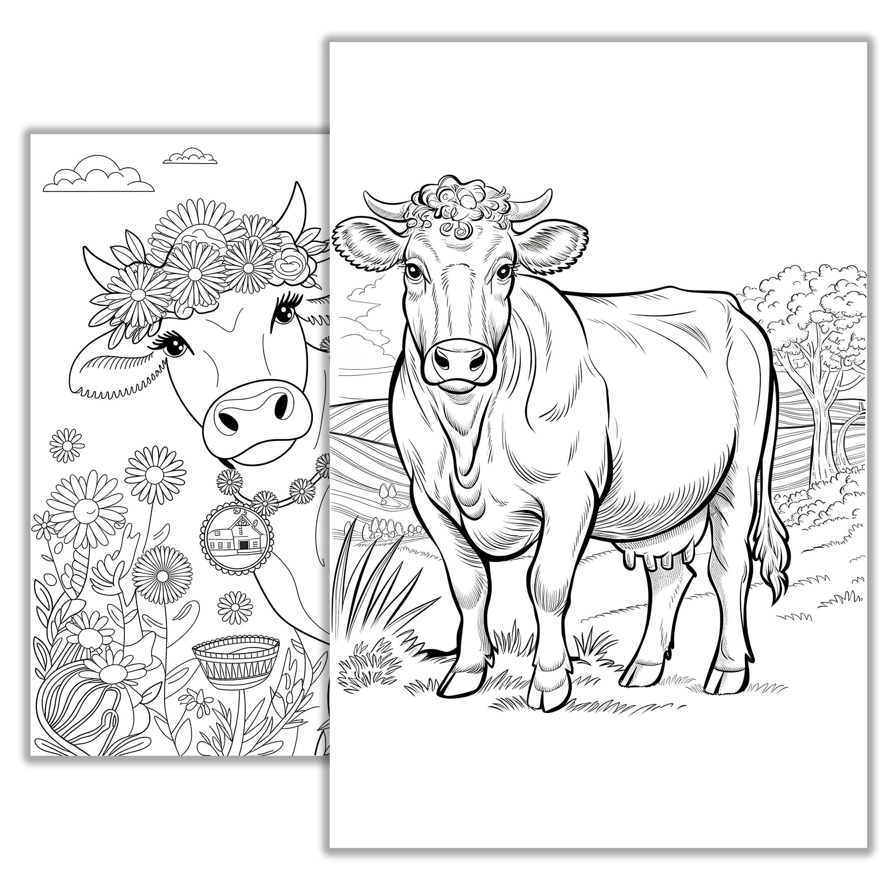Cow Coloring Page - Farm Animal Printable Design - Cute Cow Line Art ...