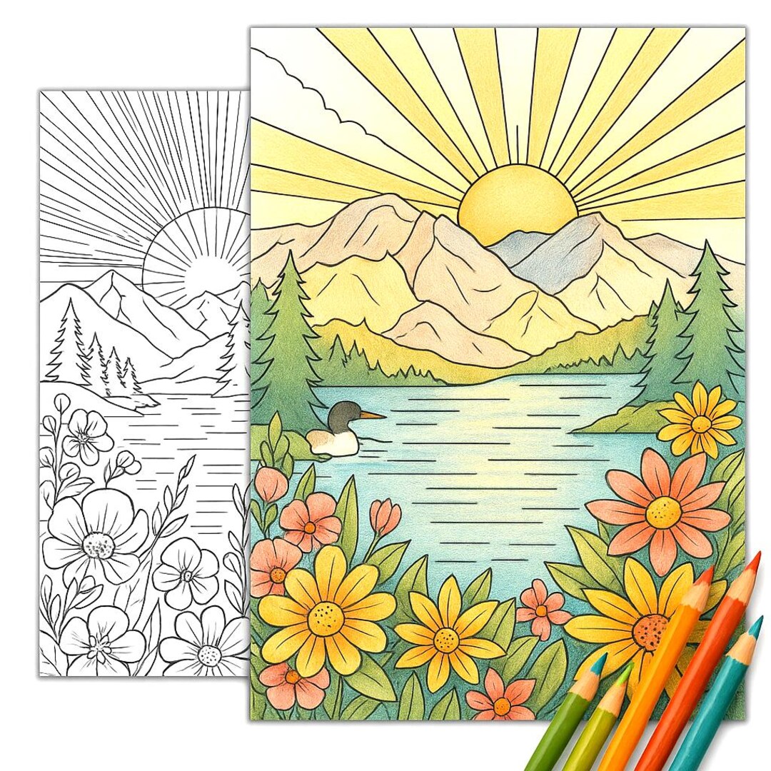 Landscape Coloring Page – Scenic Nature Printable for Adults & Kids ...