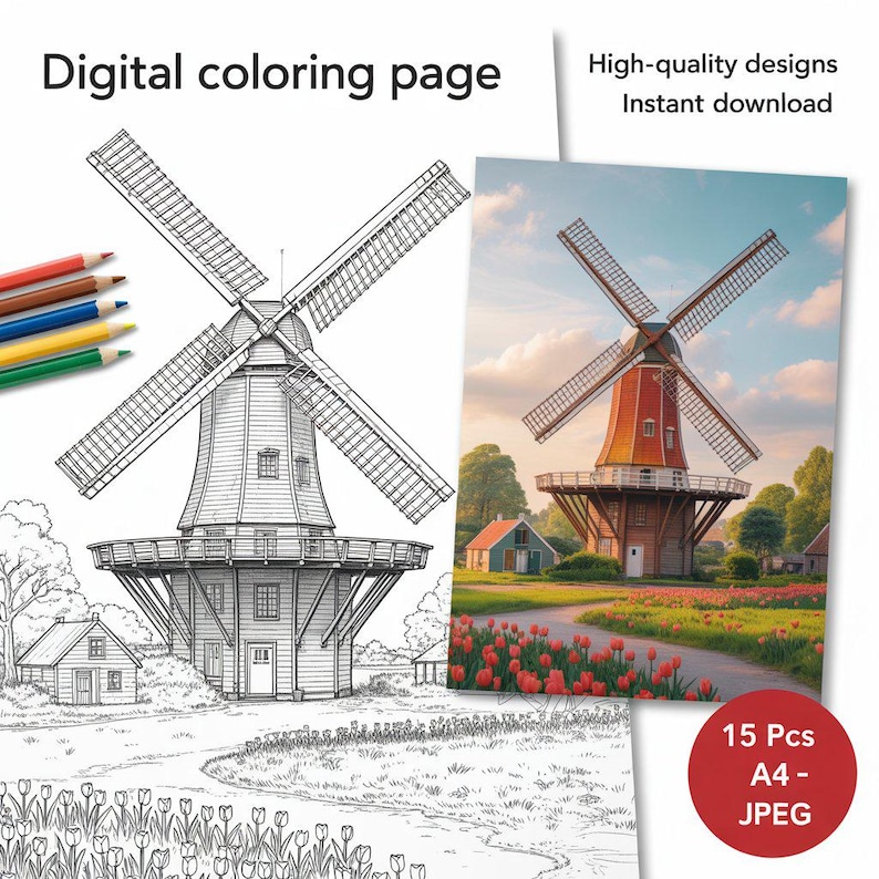 Windmill Coloring Page - Dutch Landscape Printable Art, Farm and Nature ...