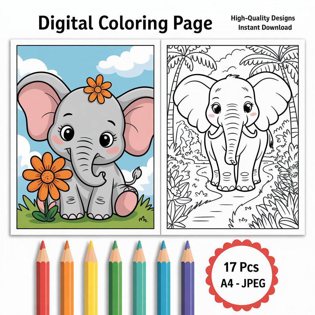 Elephant Coloring Page – Printable Wildlife Art for Kids and Adults ...