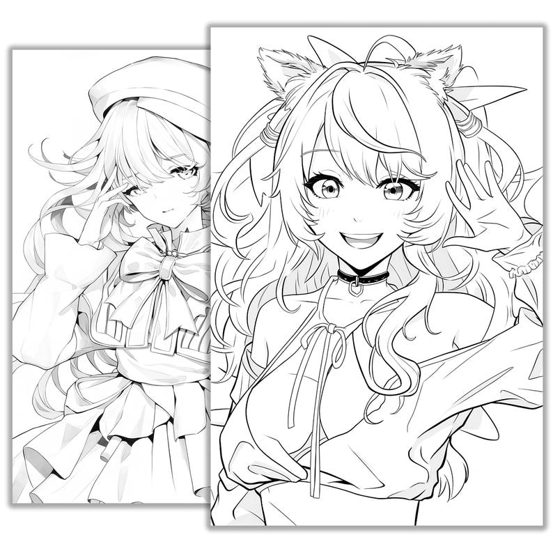 Anime Girls Coloring Page – Cute Kawaii Manga Characters, Printable ...