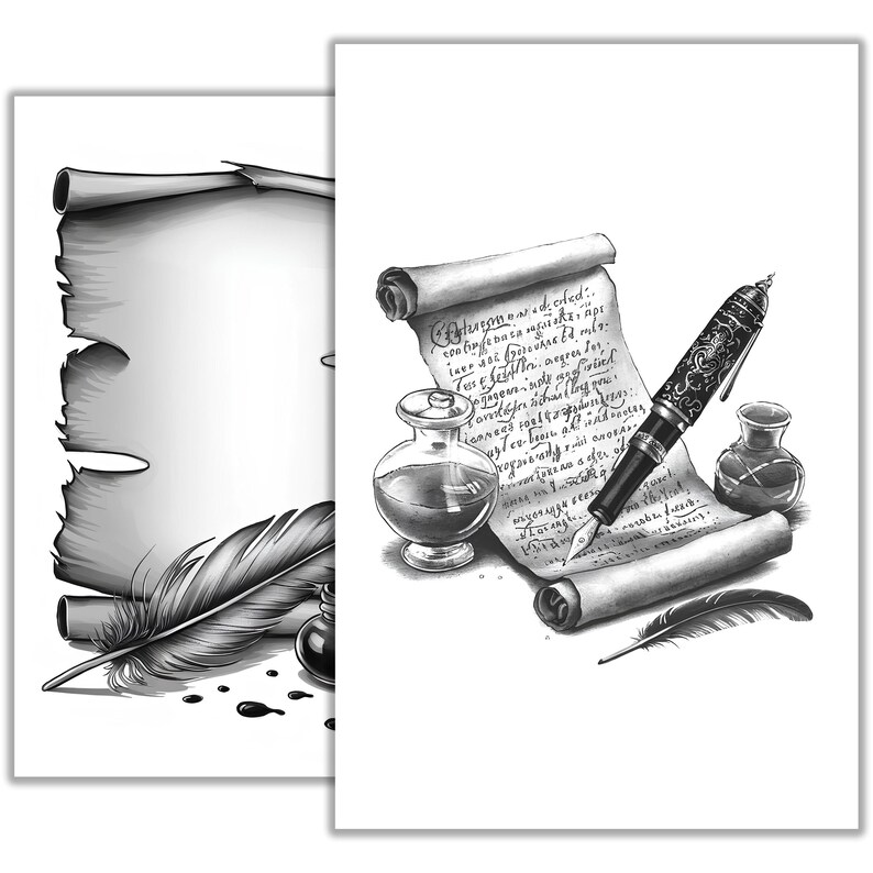 Scroll Tattoo Sketch – Vintage Paper Scroll Line Art Design, Blackwork ...