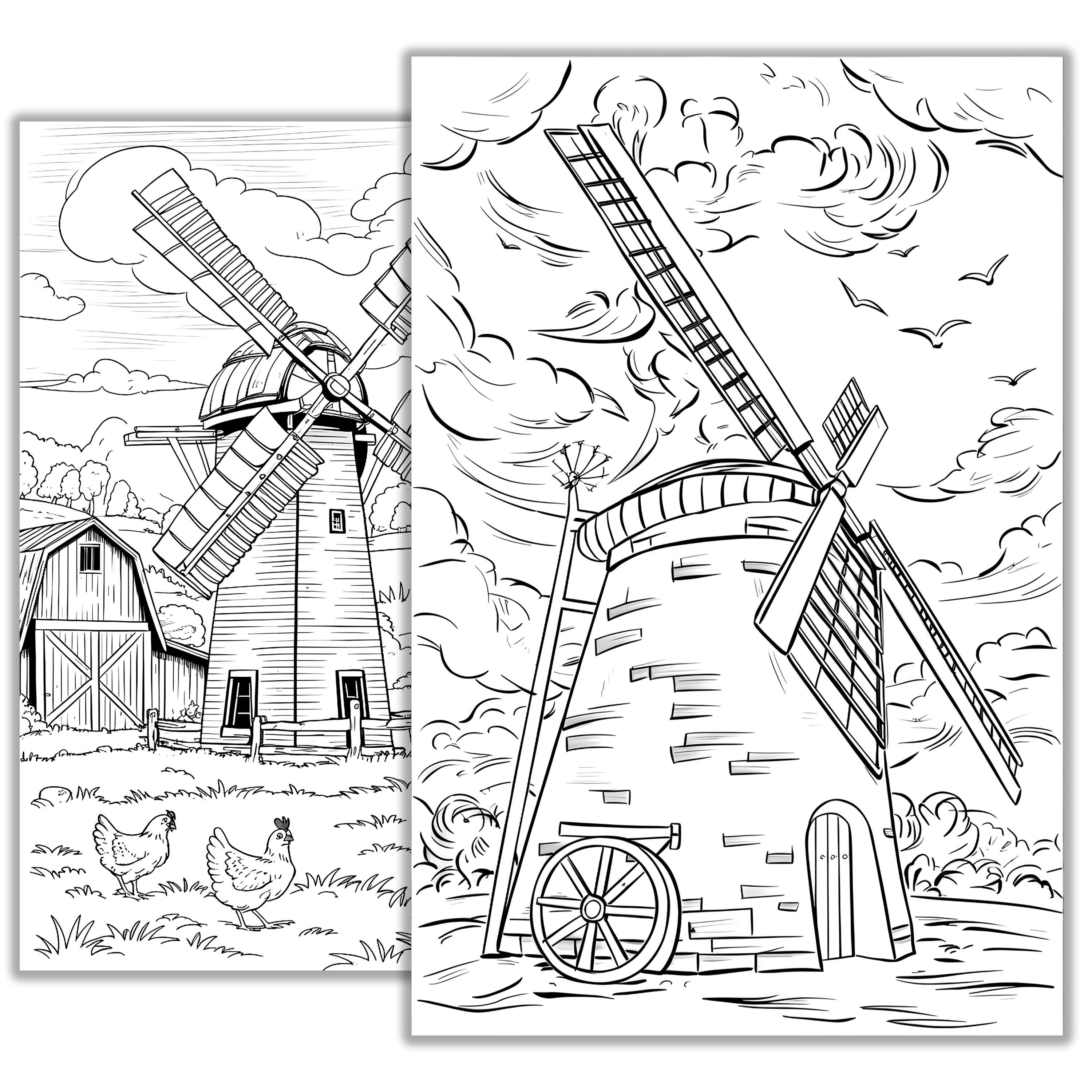 Printable Windmill Coloring Page - Detailed & Creative Design for All ...