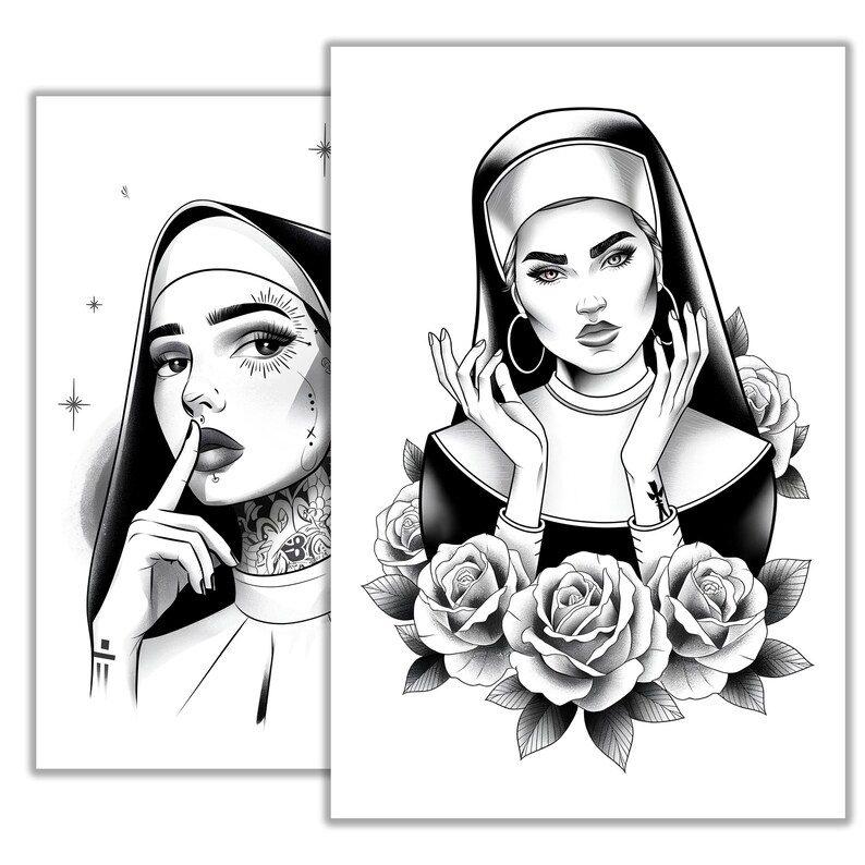 Nun Tattoo Sketch – Religious Tattoo Design, Minimalist Line Art ...