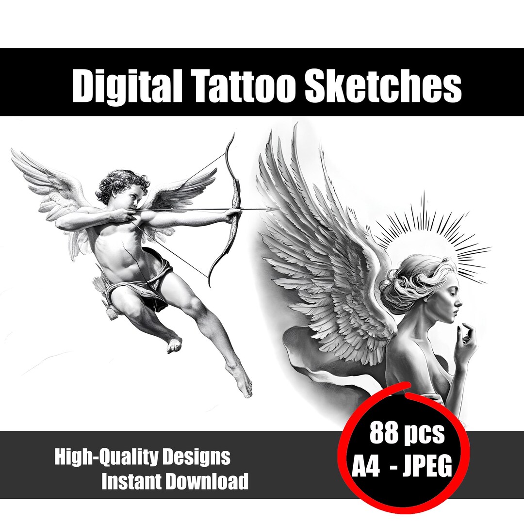 Guardian Angel Tattoo Sketch - Spiritual Wing Design, Religious Ink Art ...