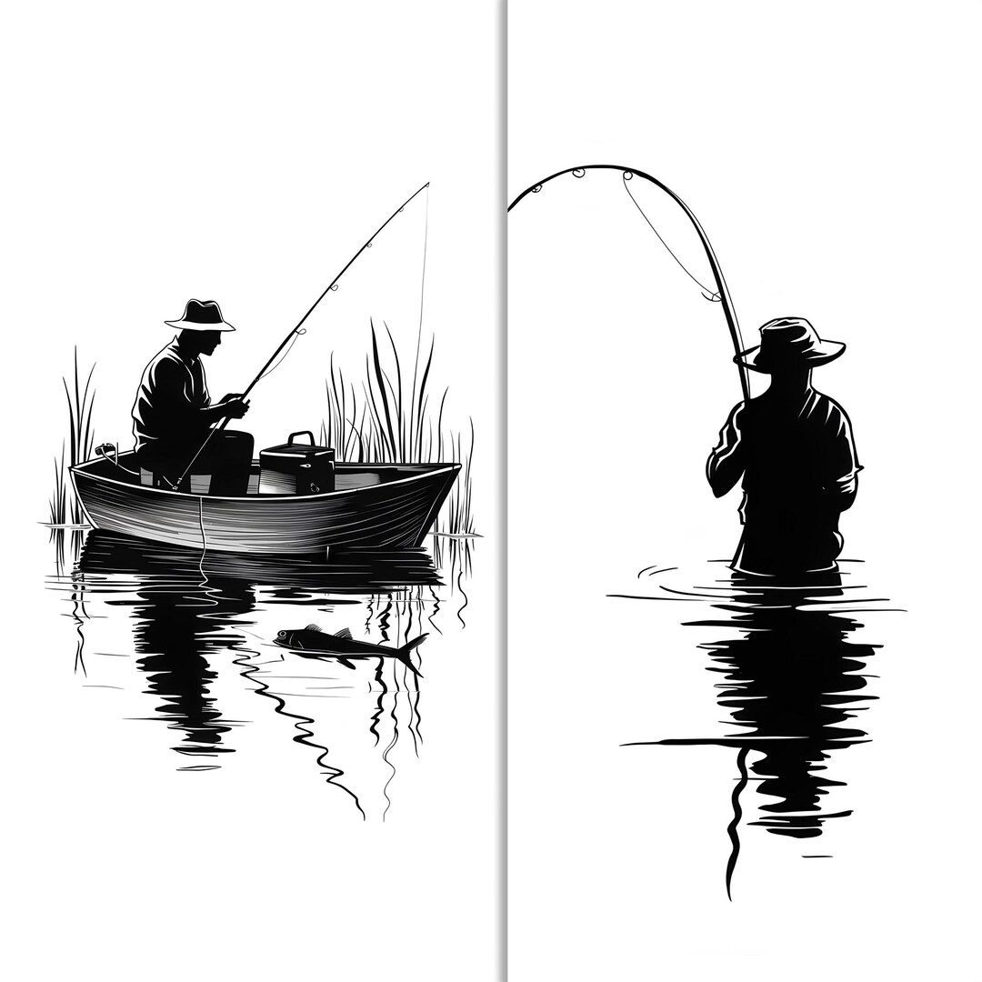 Fishing Tattoo Sketch – Detailed Angler Line Art Design, Nature & Hobby ...