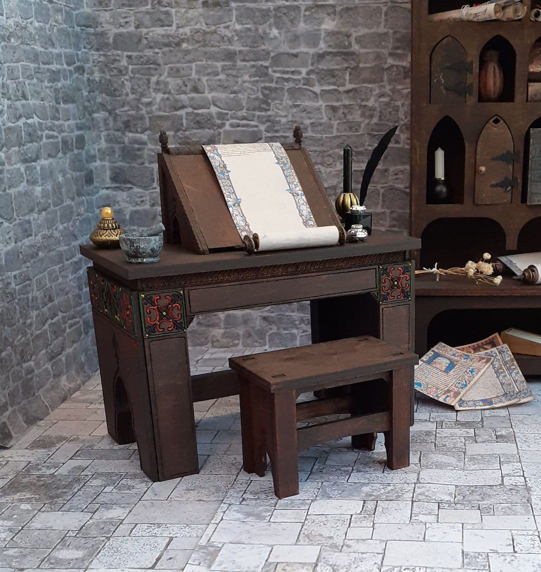 Dolls House Medieval Tudor Writing Desk & Stool. 12th Scale Wood Kit or ...