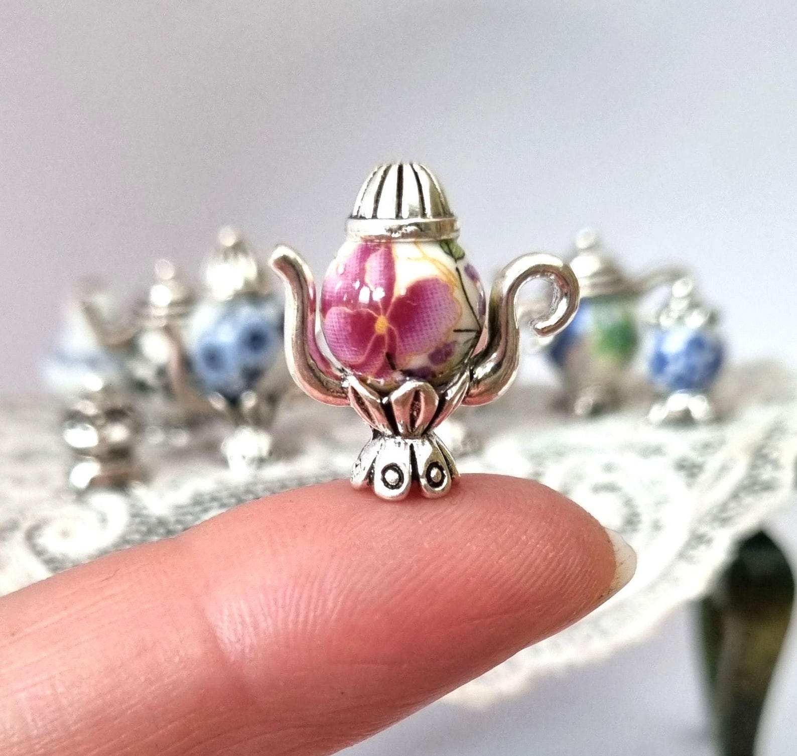 Dolls House Bead Teapots & Tea Caddies 12th Scale, Silver Plated Handle ...