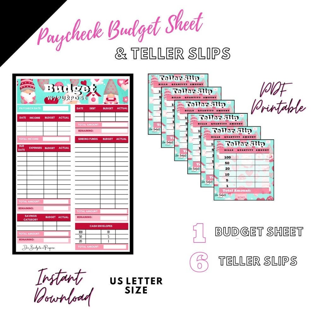 Paycheck Budget Template, Teller Slips, Budget Tracker, Gnome Valentine ...