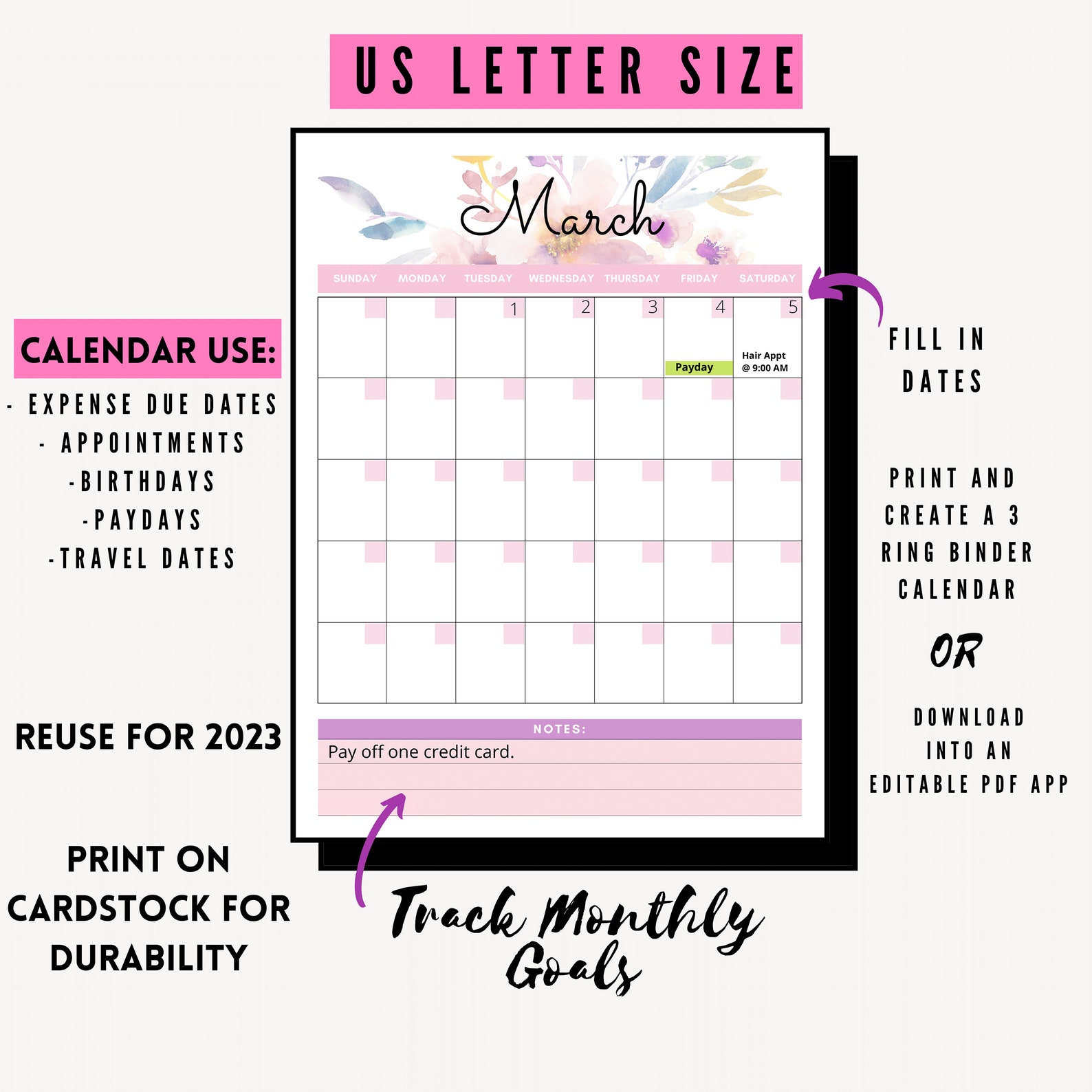 12 Month Undated Calendar, Flower Calendar, Pretty Calendar, Undated ...