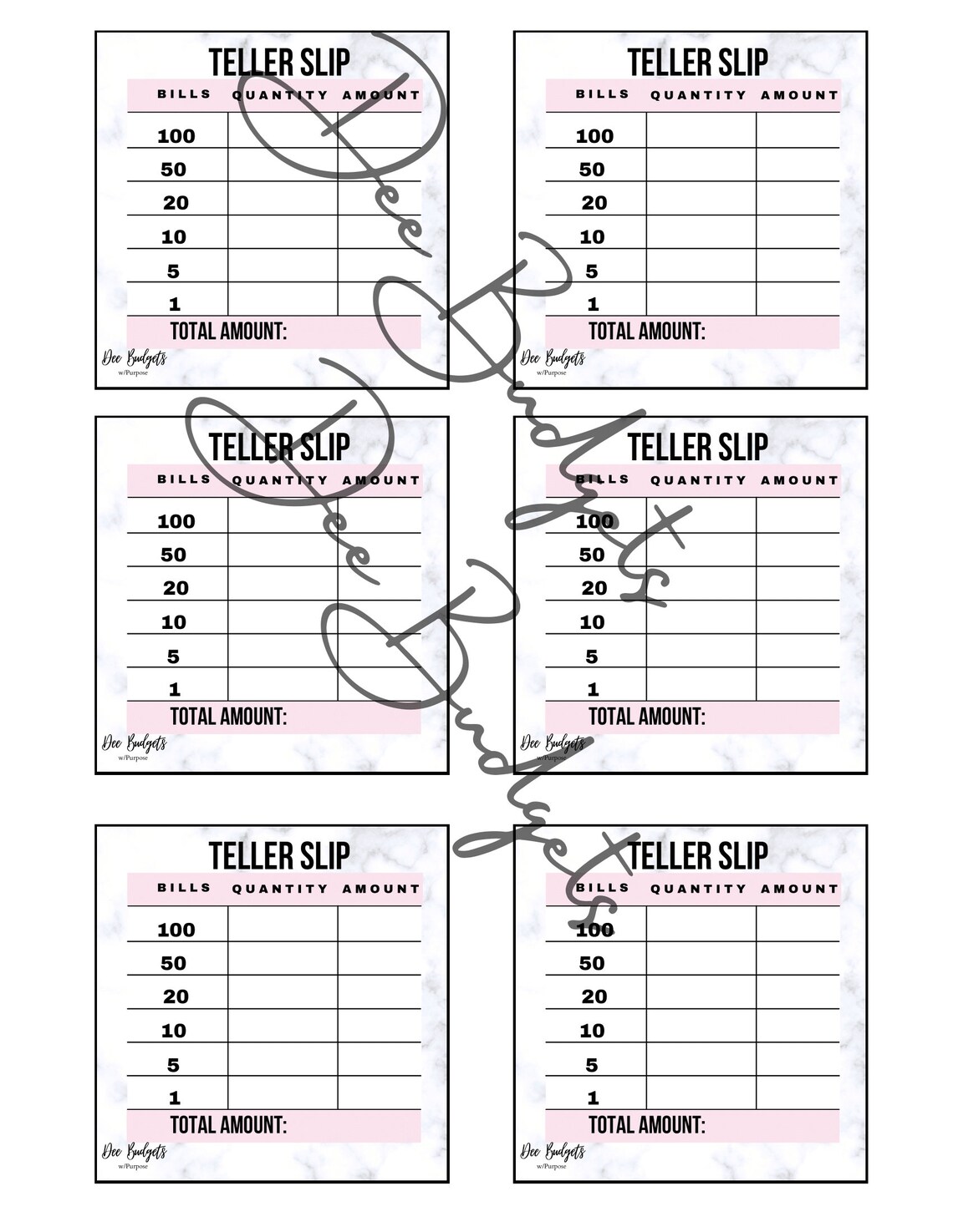 6 Pink Teller Slips, PDF Printable, Instant Download, Digital Download ...