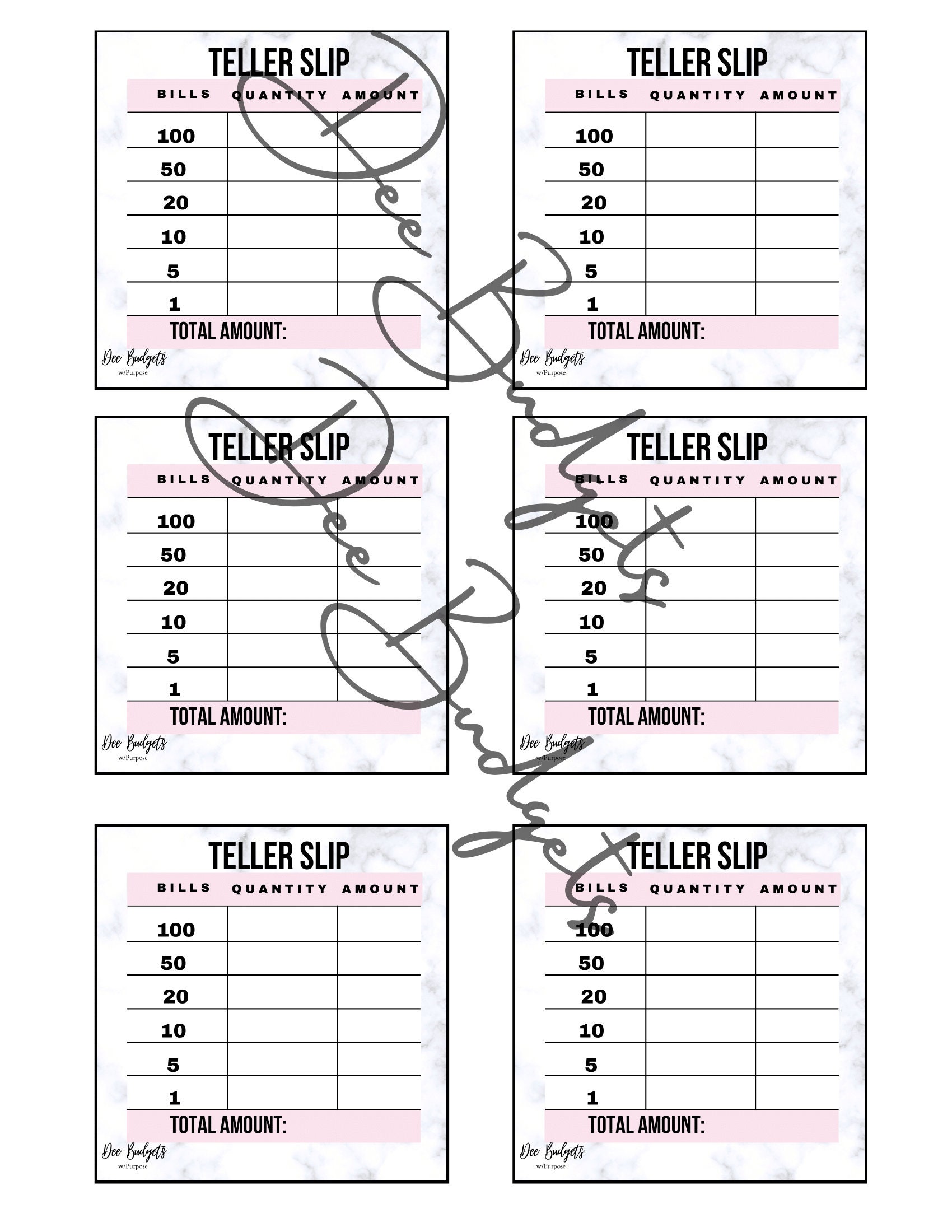 6 Pink Teller Slips, PDF Printable, Instant Download, Digital Download ...