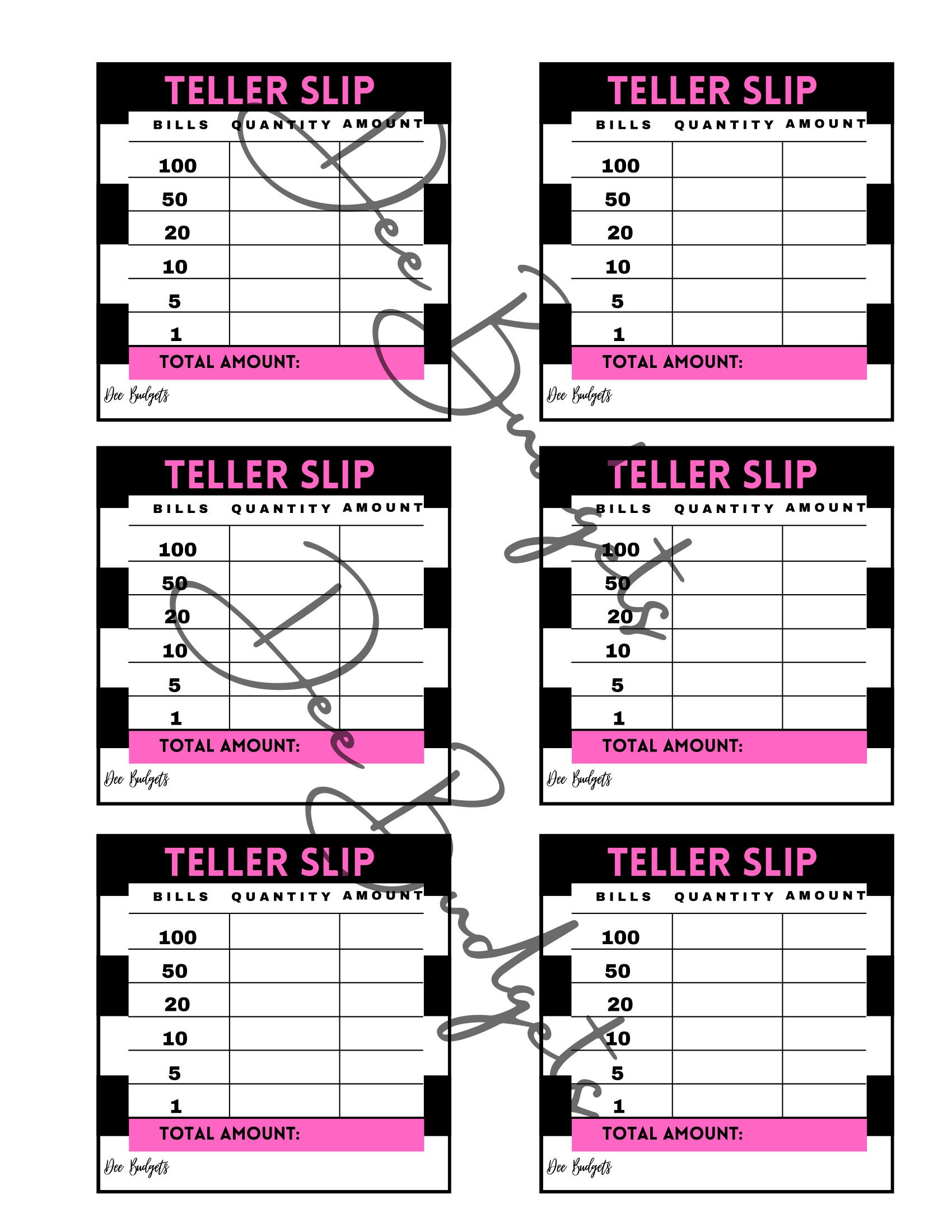 6 Black and Pink Stripe Teller Slips, PDF Printable, Instant Download ...