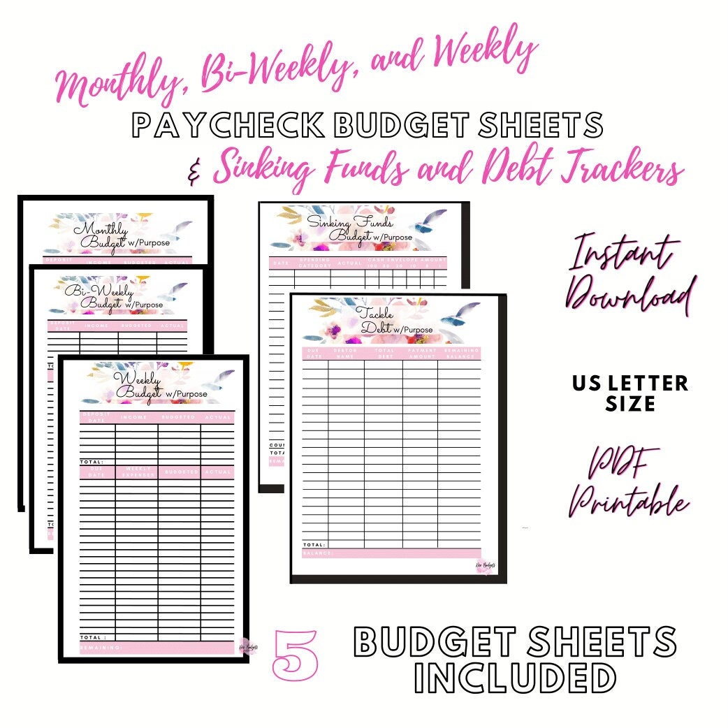 Monthly, Bi-weekly, Weekly Budget Sheets, Track Paycheck Sheets ...