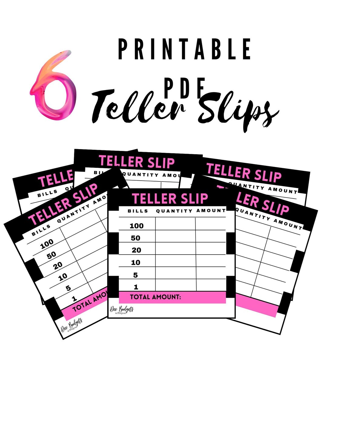 6 Black and Pink Stripe Teller Slips, PDF Printable, Instant Download ...