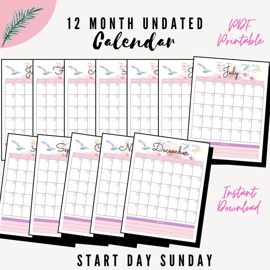 12 Month Undated Calendar Flower Calendar Pretty Calendar - Etsy