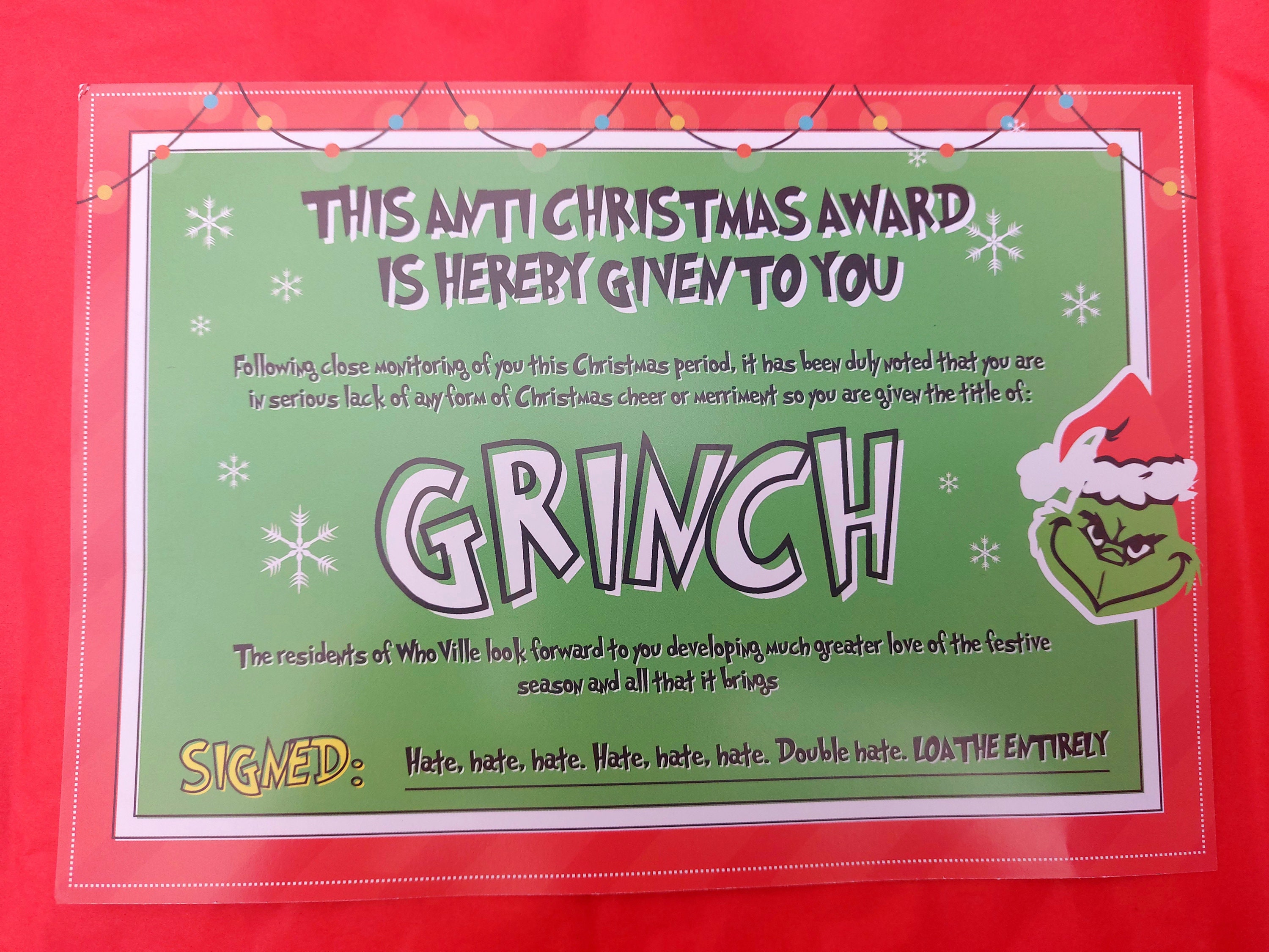 The Grinch Certificate - Etsy UK