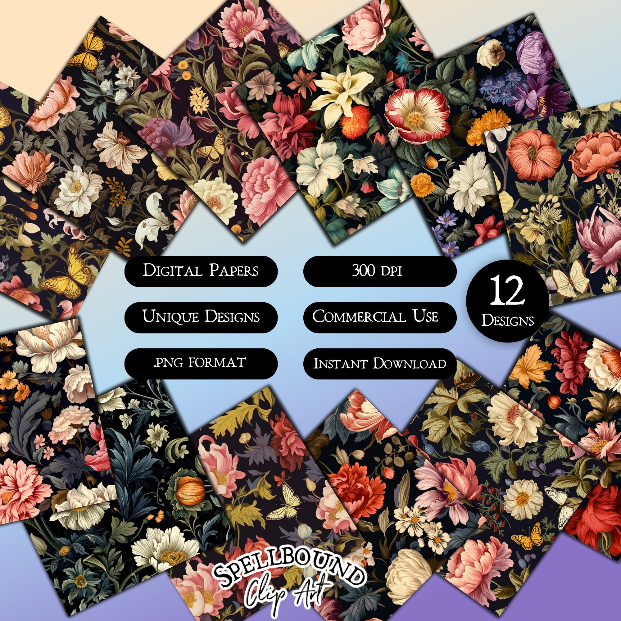 Dark Floral Seamless Digital Papers, Commercial Use, Instant Download ...