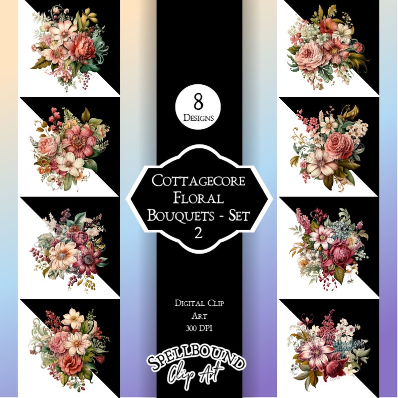 Cottagecore Flower Bouquets Digital Clipart, Commercial Use, Instant ...