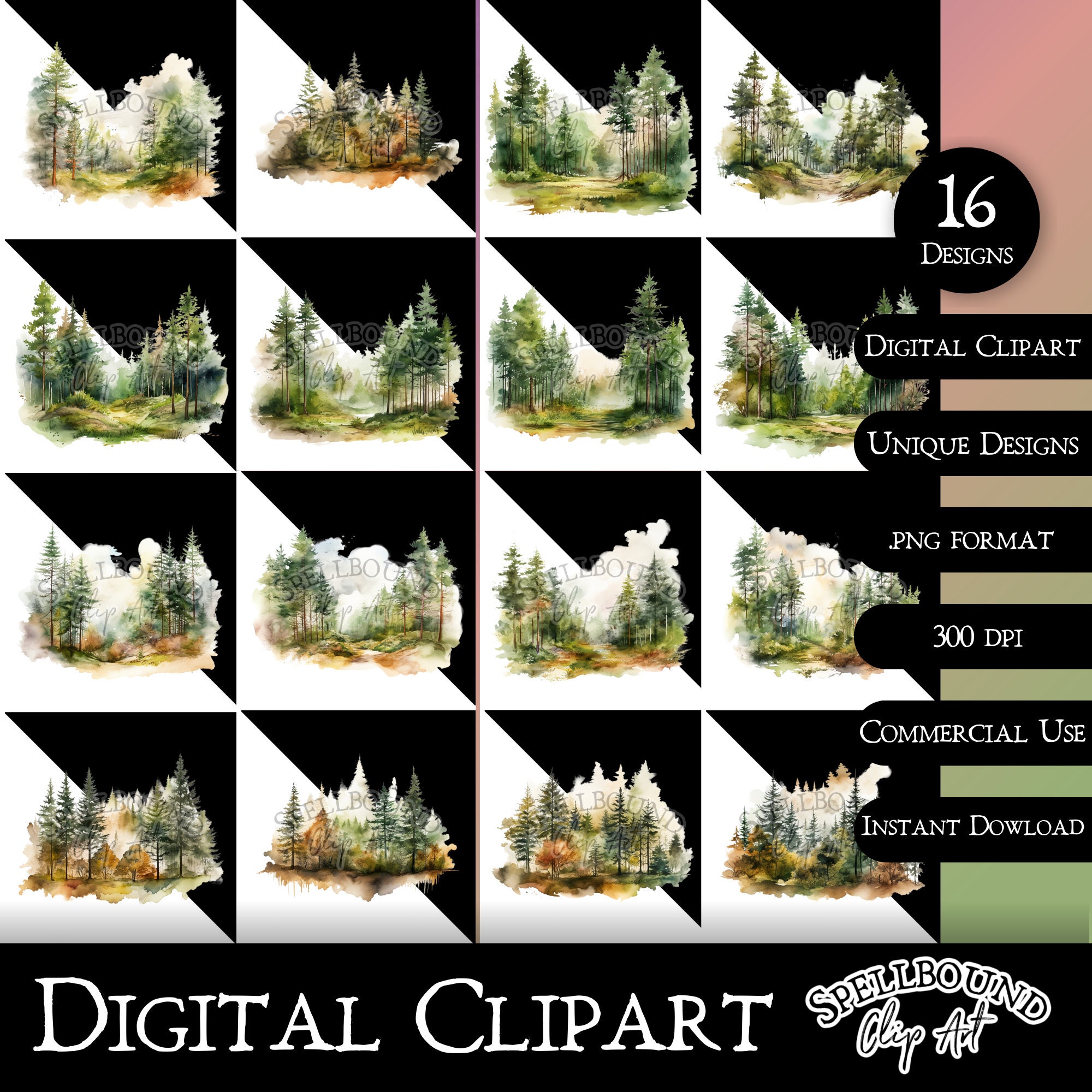 Watercolor Forest Scenes Digital Clipart, Commercial Use, Instant ...