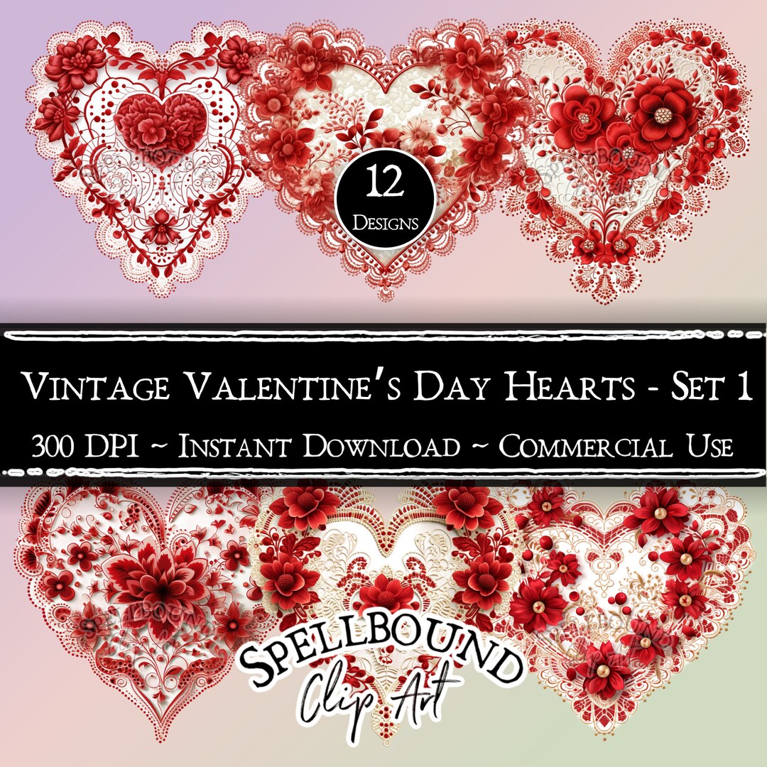 Vintage Valentine's Day Hearts Digital Clipart, Commercial Use, Instant ...