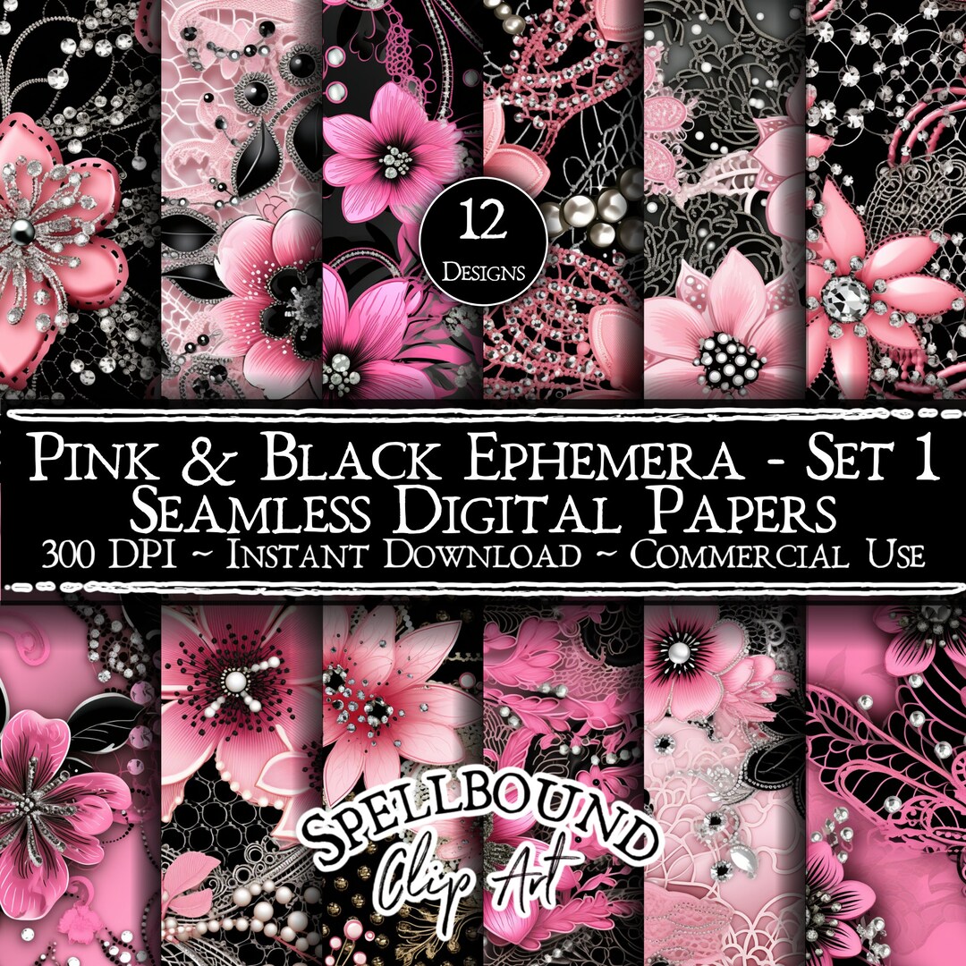 Pink & Black Digital Ephemera Seamless Digital Papers, Commercial Use ...