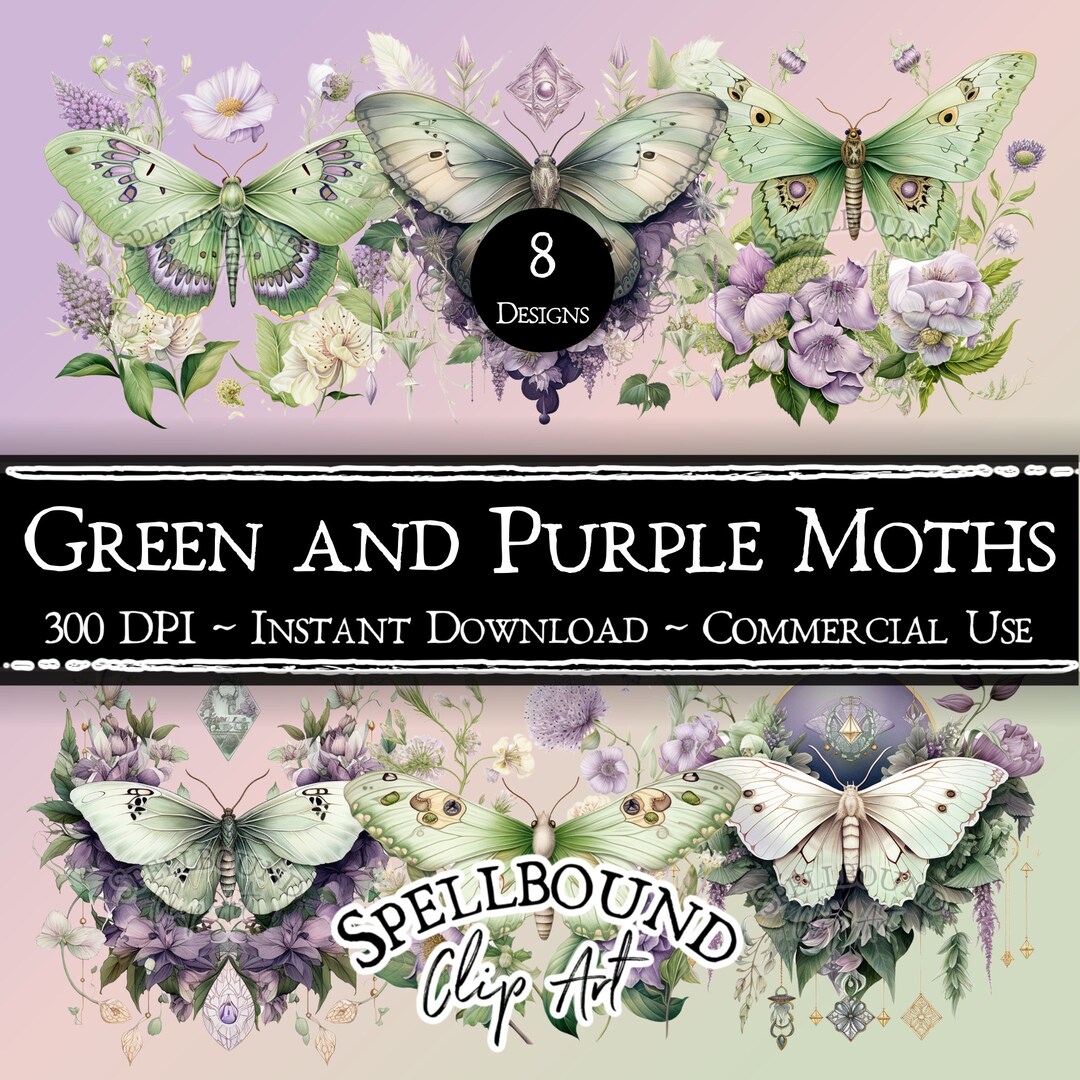 Green & Purple Moths Digital Clipart, Commercial Use, Instant Download ...