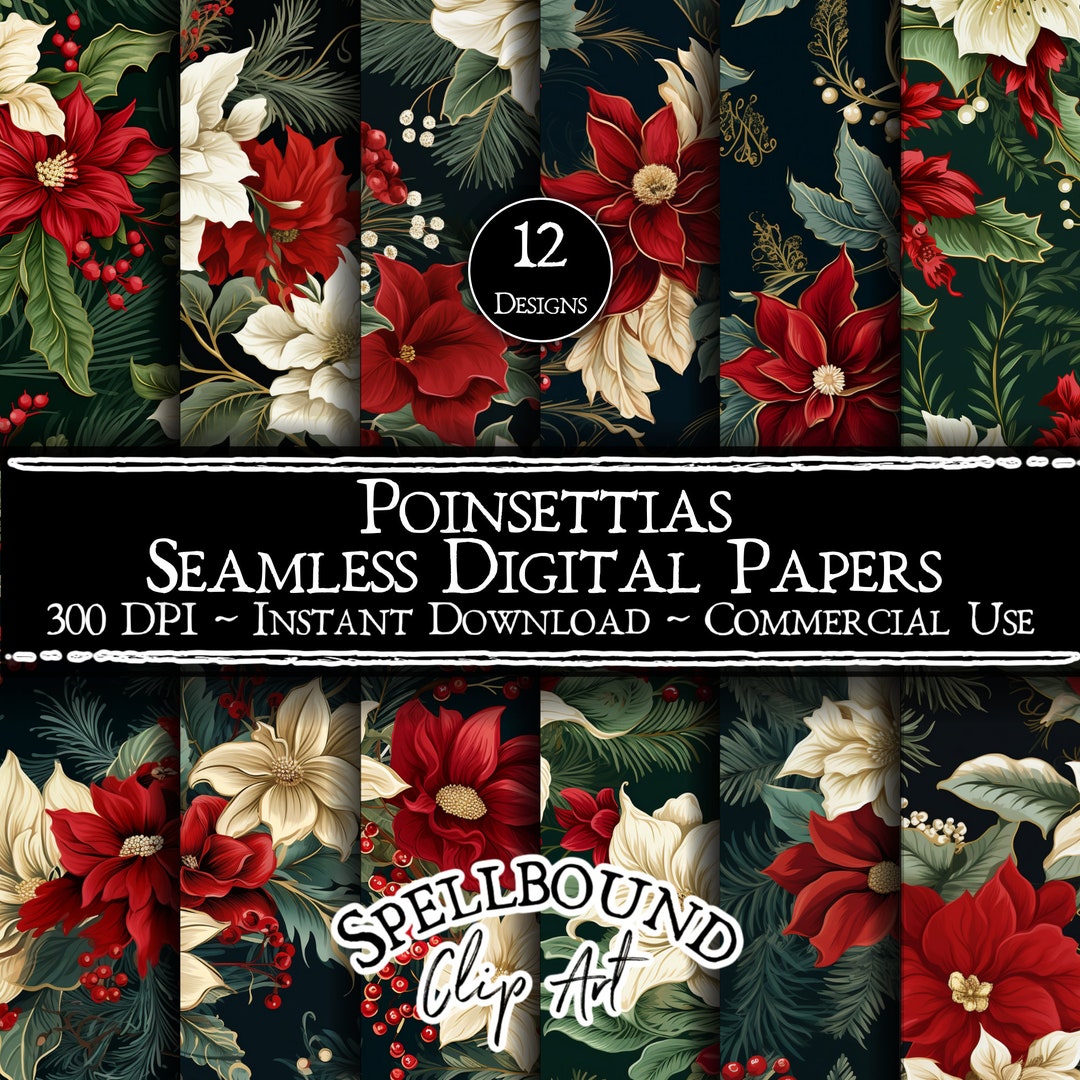 Poinsettias Christmas Seamless Digital Papers, Commercial Use, Instant ...