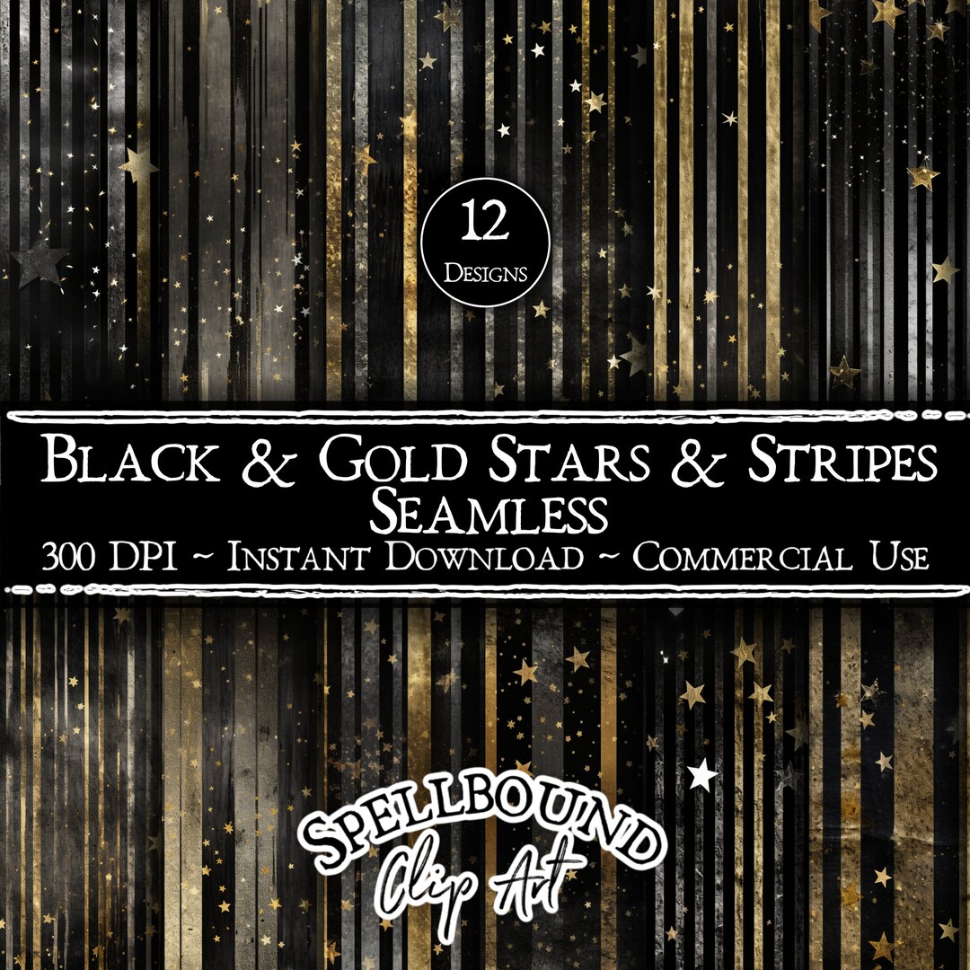 Black and Gold Stars and Stripes Seamless Digital Papers, Commercial ...
