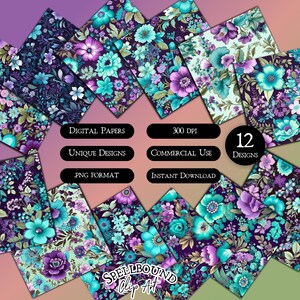 Purple & Turquoise Floral Seamless Digital Papers, Commercial Use ...