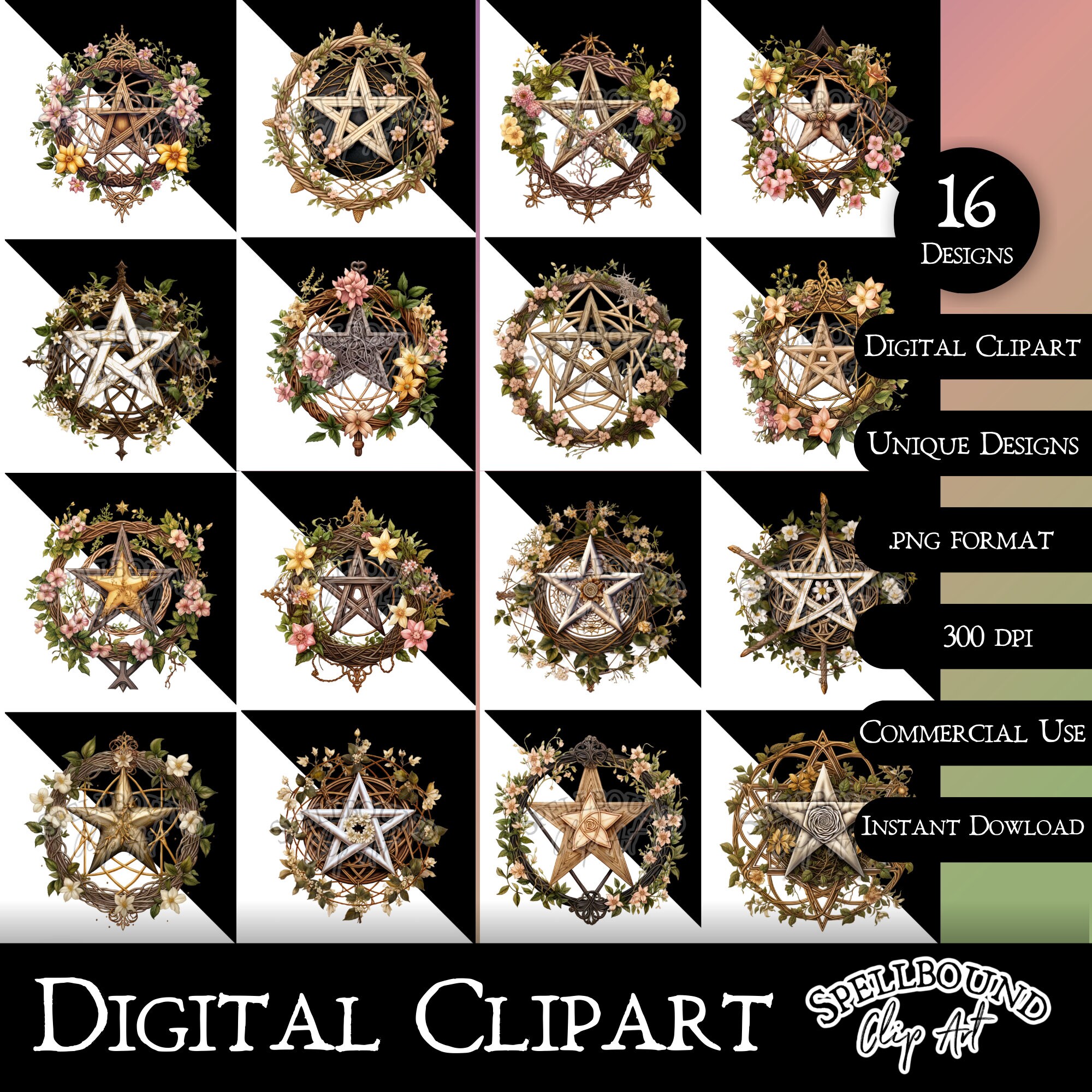 Spring Floral Pentagrams Digital Clipart, Commercial Use, Instant ...