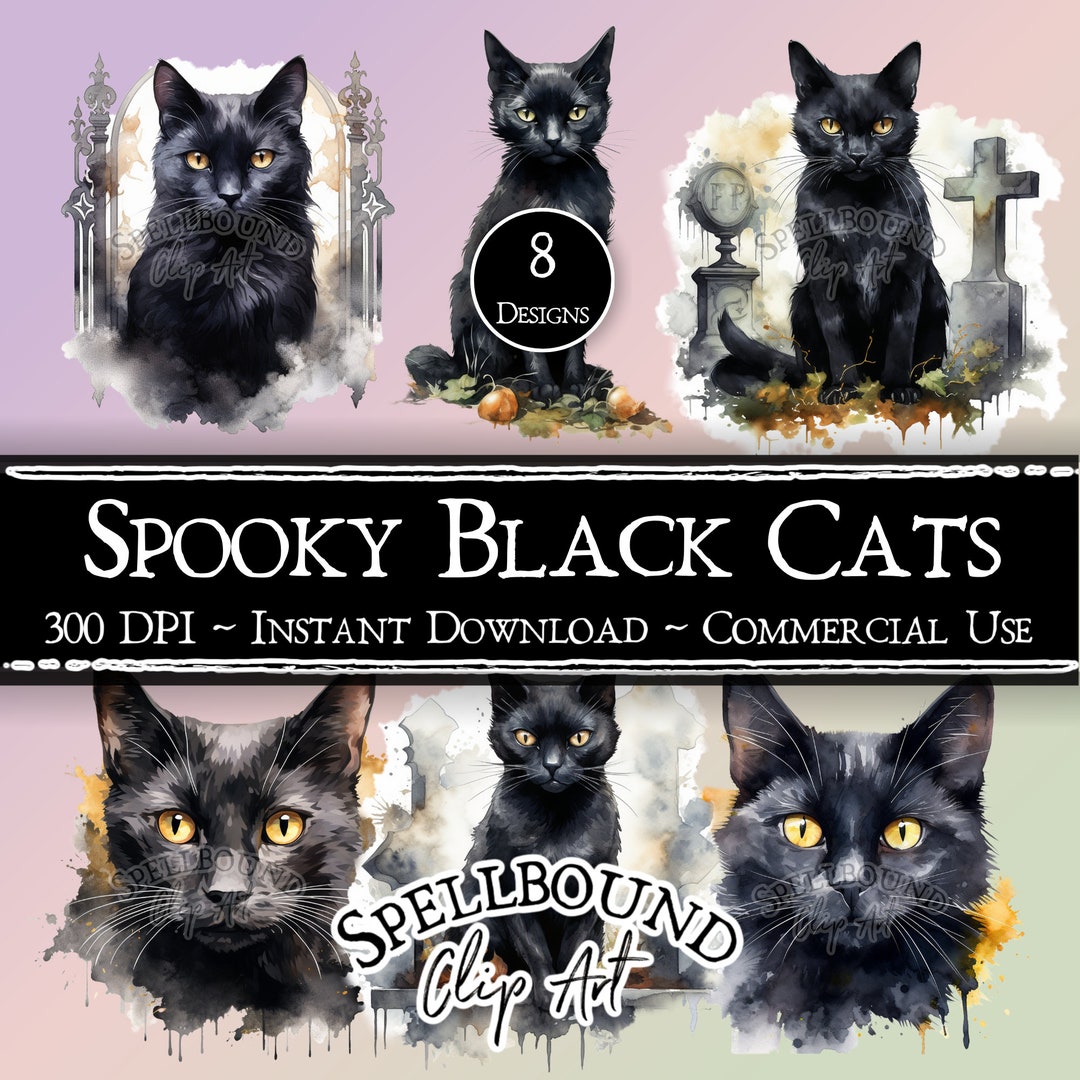 Watercolor Creepy Black Cats Digital Clipart, Commercial Use, Instant ...