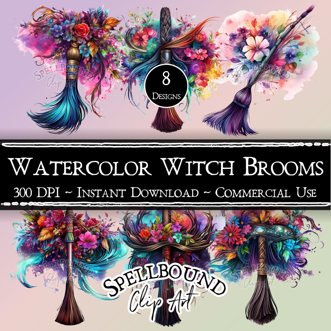 Watercolor Witch Brooms Digital Clipart, Commercial Use, Instant Download, Pagan Clipart, Wiccan ...