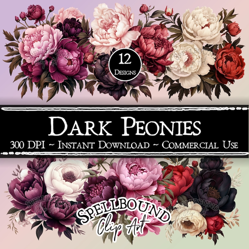 Dark Peonies Digital Clipart, Commercial Use, Instant Download, Peony ...