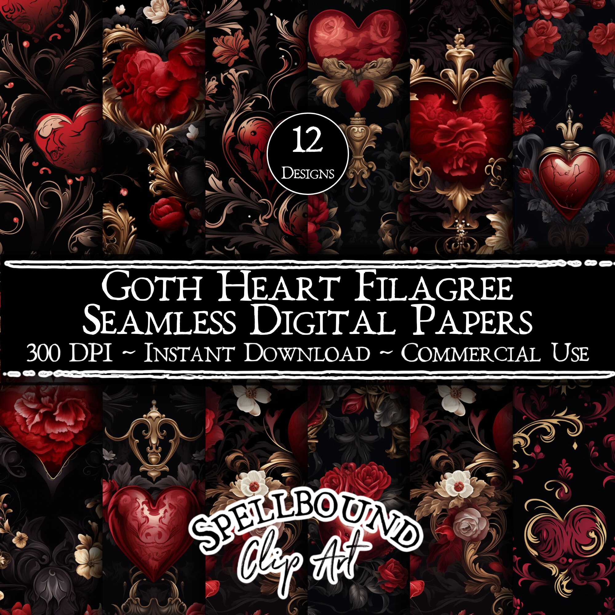 Goth Heart Filagree Seamless Digital Papers, Commercial Use, Instant ...
