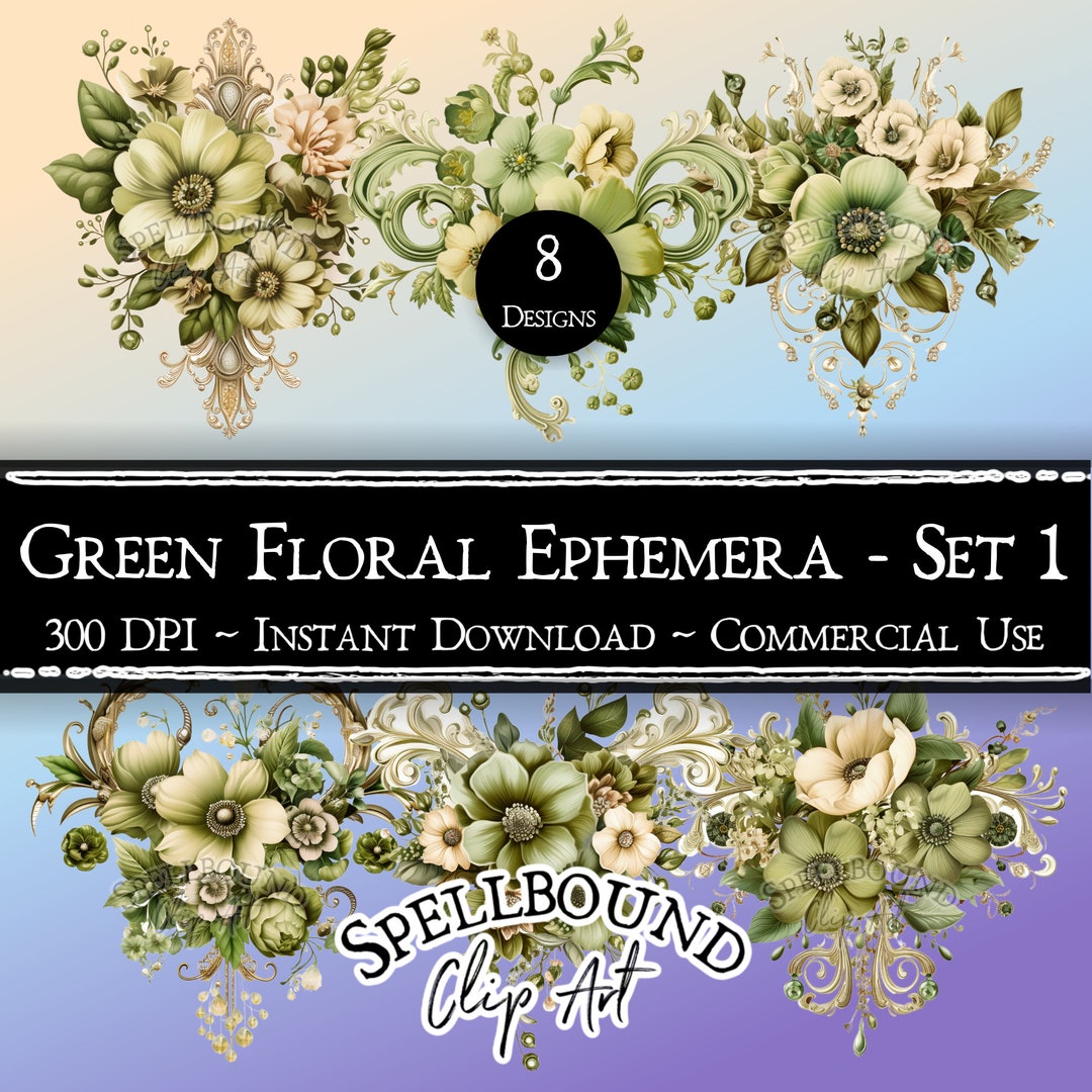 Green Floral Ephemera Digital Clipart, Commercial Use, Instant Download ...