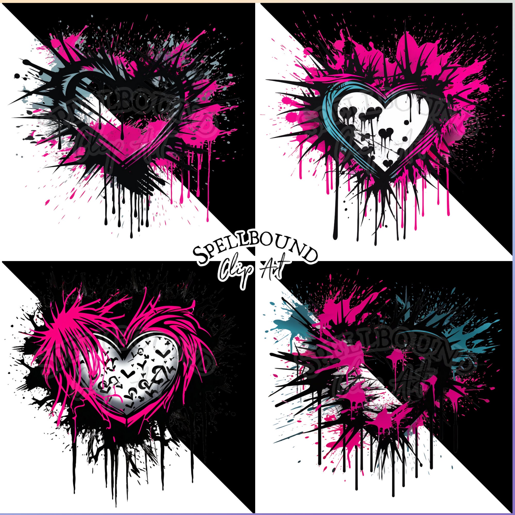 Pink Punk Hearts Digital Clipart, Commercial Use, Instant Download, PNG ...