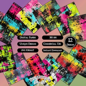 Neon Distressed Grunge Seamless Digital Papers, Commercial Use, Instant ...