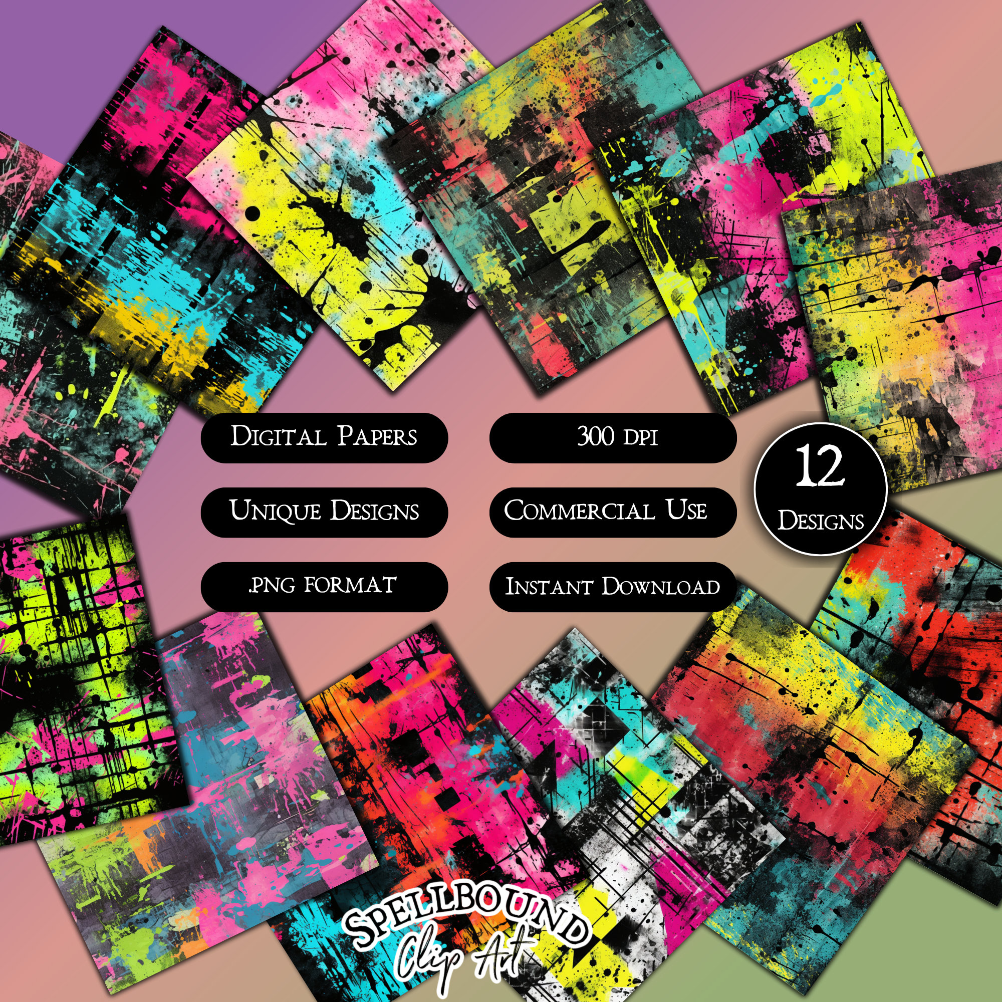 Neon Distressed Grunge Seamless Digital Papers, Commercial Use, Instant ...