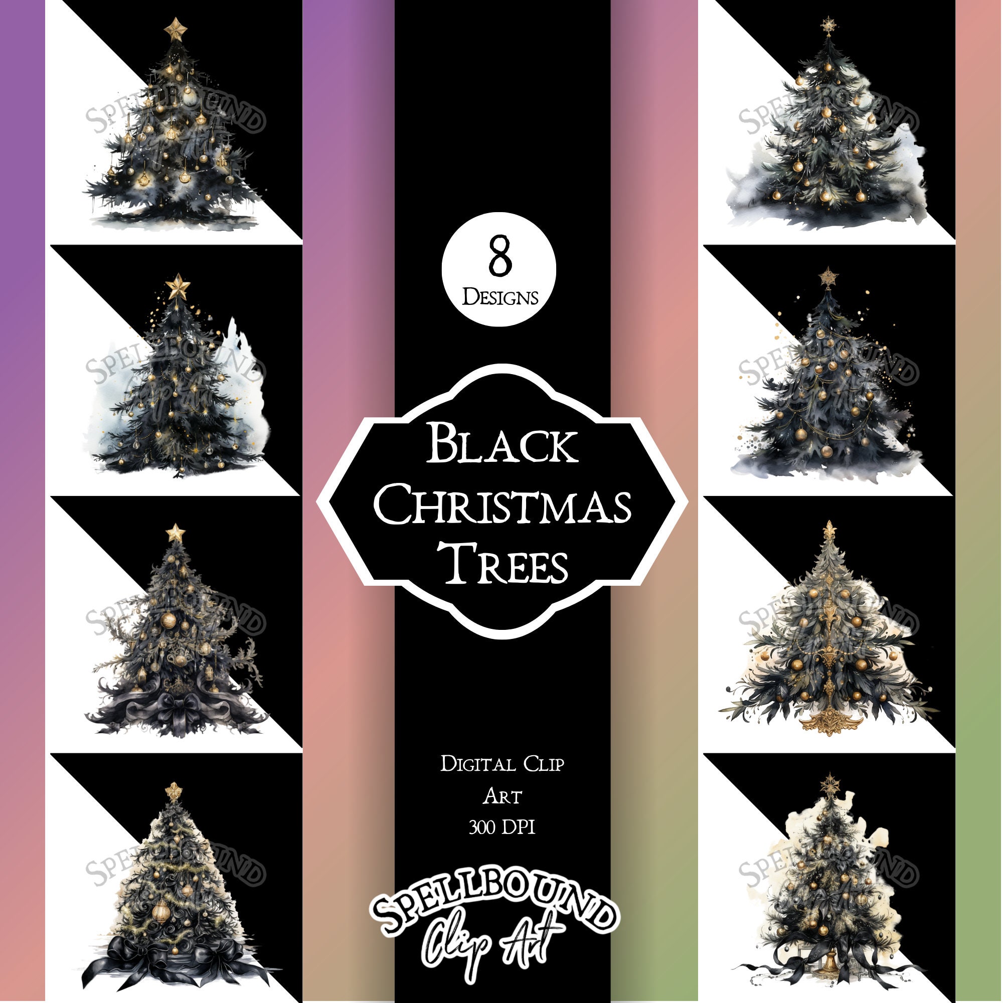 Black Christmas Trees Digital Clipart, Commercial Use, Instant Download ...