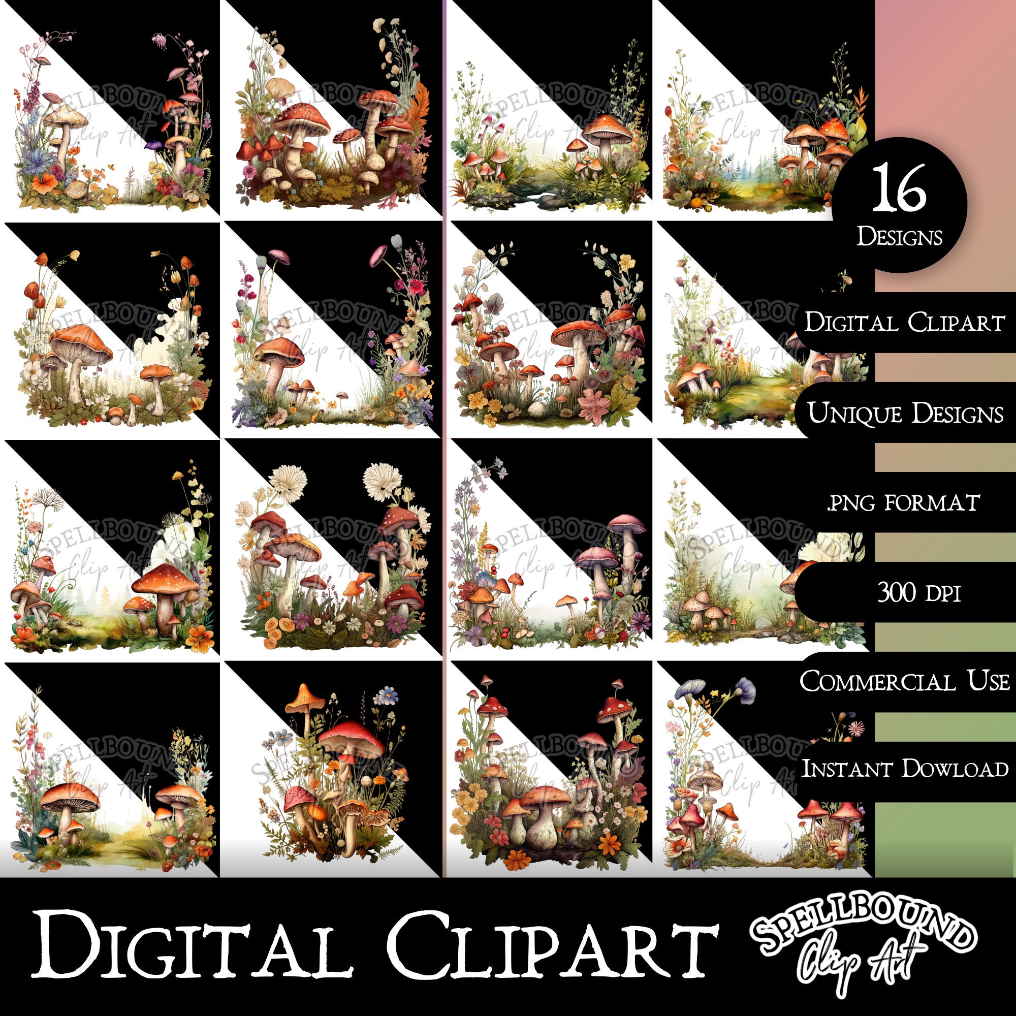 Wildflowers & Mushrooms Borders Digital Clipart, Commercial Use ...